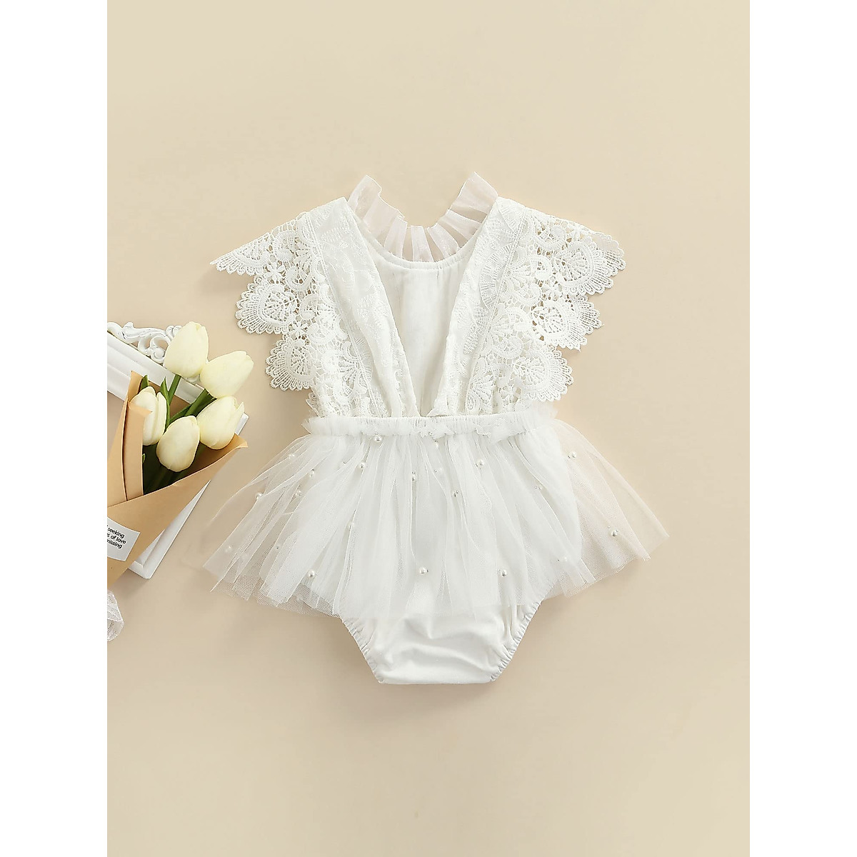 Newborn Infant Baby Girl Lace Ruffle Sleeve Romper Dress Sleeveless Jumpsuit Tutu SkirtPrincess Outfit (White, 0-6 Months)