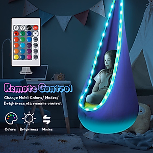 LFSMVT Light Up Kids Pod Swing Seat, Upgraded Kids Hanging Hammock Swing with LED Lights, Cotton Sensory Pod Swing Chair with Inflatable Pillow, Pod Swing for Kids Indoor & Outdoor (1 PCS) (Blue)