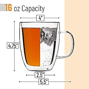 BTaT- Double Wall Glass Coffee Mugs, 16 oz, Set of 4, Double Glass Coffee Cups, Double Wall Coffee Mugs, Double Insulated Coffee Mugs, Clear Latte Mugs, Glass Coffee Mug, Clear Mugs