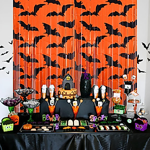 Mega-L Halloween Party Decorations, 2 Packs Black Bat Pattern Orange Background Photo Booth Props, 3.3 x 6.6 ft Halloween Foil Fringe Curtains, Halloween Photo Backdrop Streamers Party Supplies