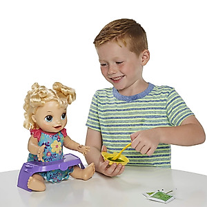 Baby Alive Happy Hungry Baby Blond Curly Hair Doll, Makes 50+ Sounds & Phrases, Eats & Poops, Drinks & Wets, for Kids Age 3 & Up, Brown/A (E4894)