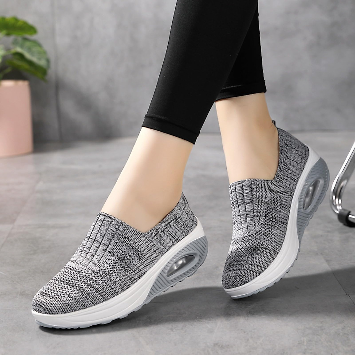 Myallfeet Women's Slip-on Air-Cushion Heightening Thick-Soled Sports and Casual Shoes Mesh Stretch Thick Soled Sneakers Casual Body Shaping Rocker Shoes (Pink,7)