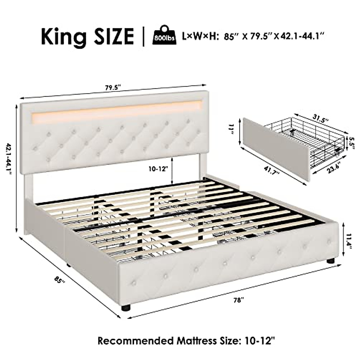 Keyluv King Size LED Bed Frame with 4 Storage Drawers, Velvet Upholstered Platform Bed with Adjustable Crystal Button Tufted Headboard and Solid Wooden Slats Support, No Box Spring Needed, Beige