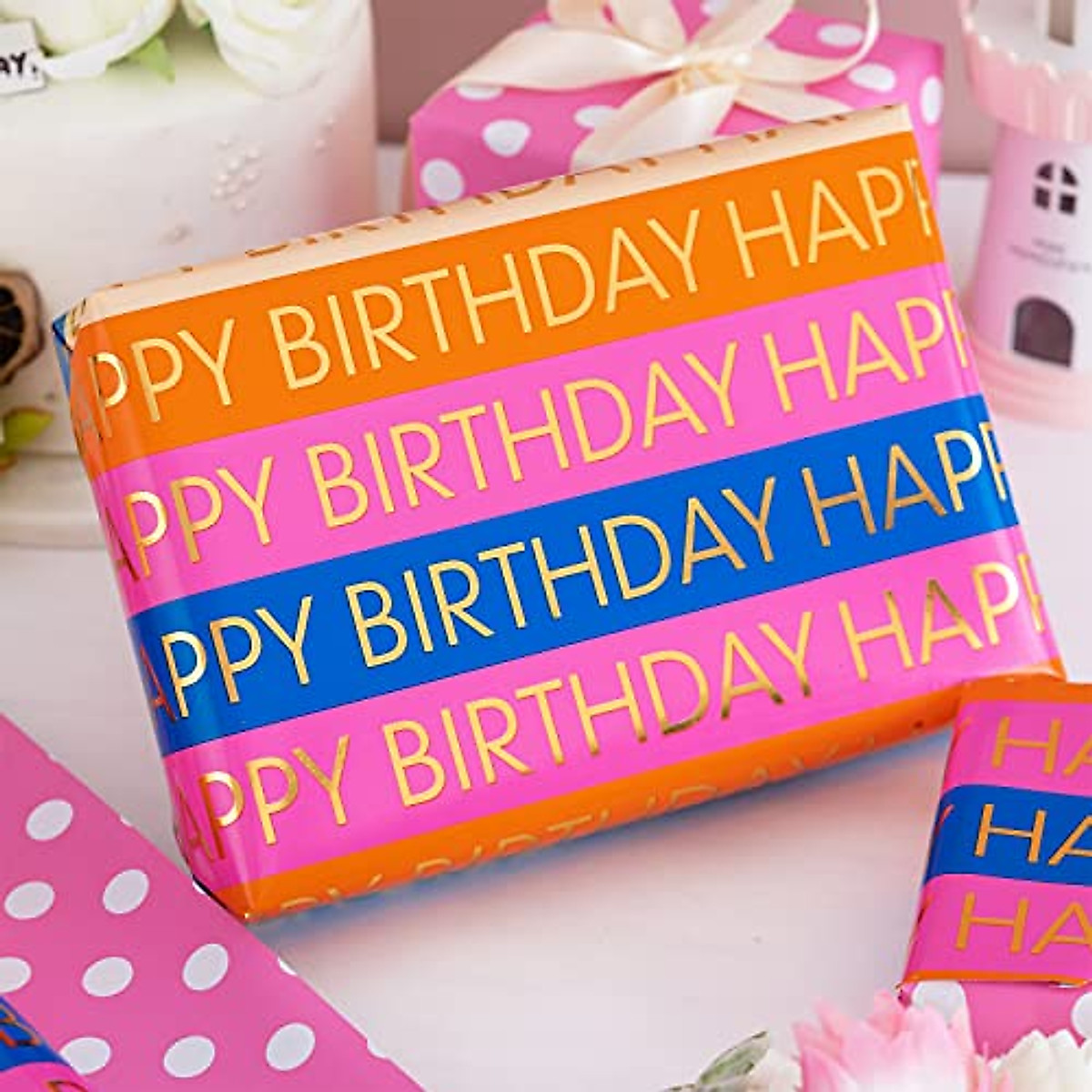 RUSPEPA Reversible Wrapping Paper Roll - Birthday Pink Pattern Great for Birthday, Party, Baby Shower - 17.5 Inches X 32.8 Feet
