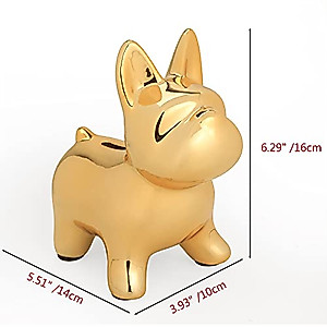 Ceramic Bulldog Piggy Bank for Boys Girls, Money Box for Kids, Coin Bank Keepsake with Plastic Stopper, French Bulldog Saving Jar, Nursery Décor (Golden)