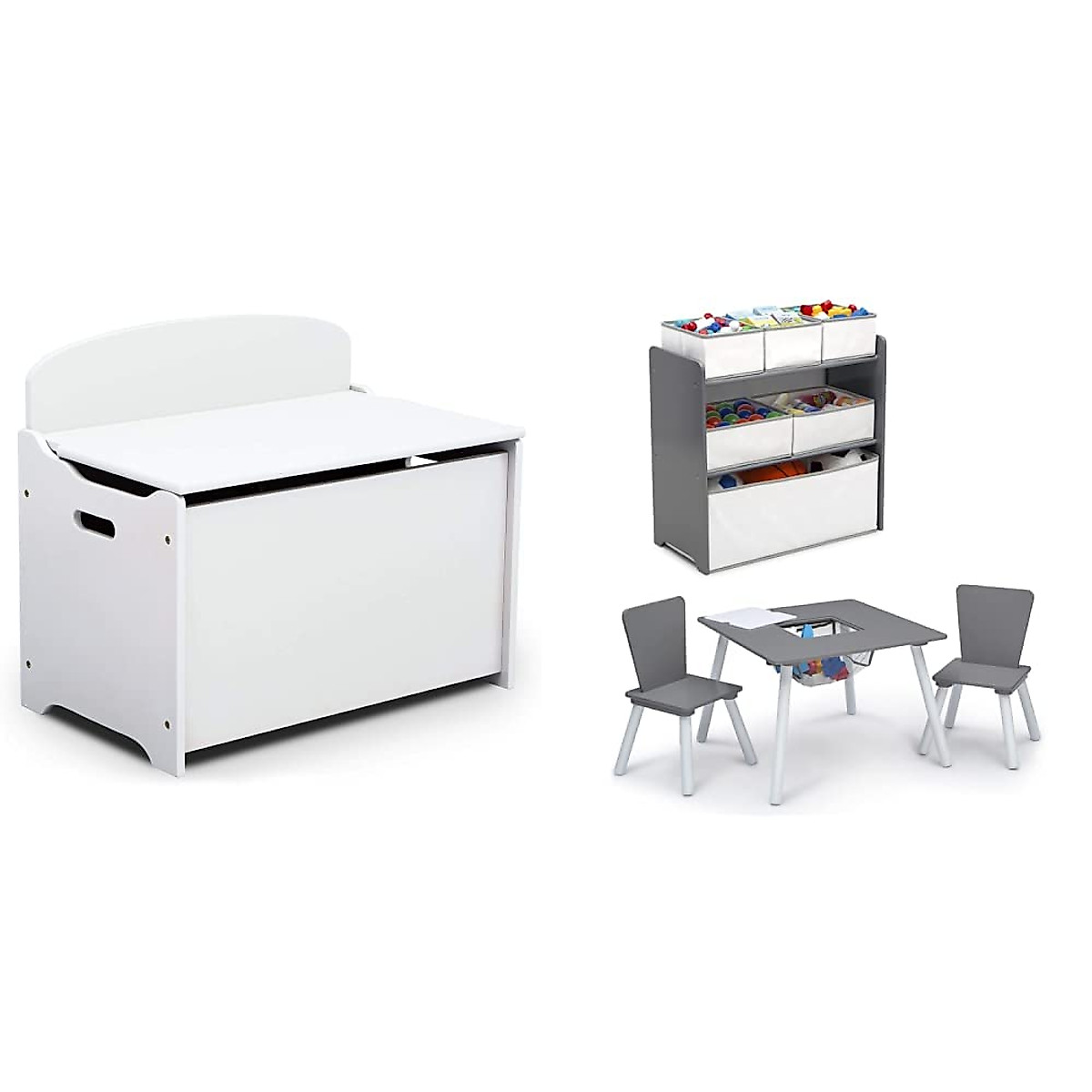 Delta Children MySize Deluxe Toy Box - Greenguard Gold Certified, Bianca White & 4-Piece Toddler Playroom Set, Grey/White