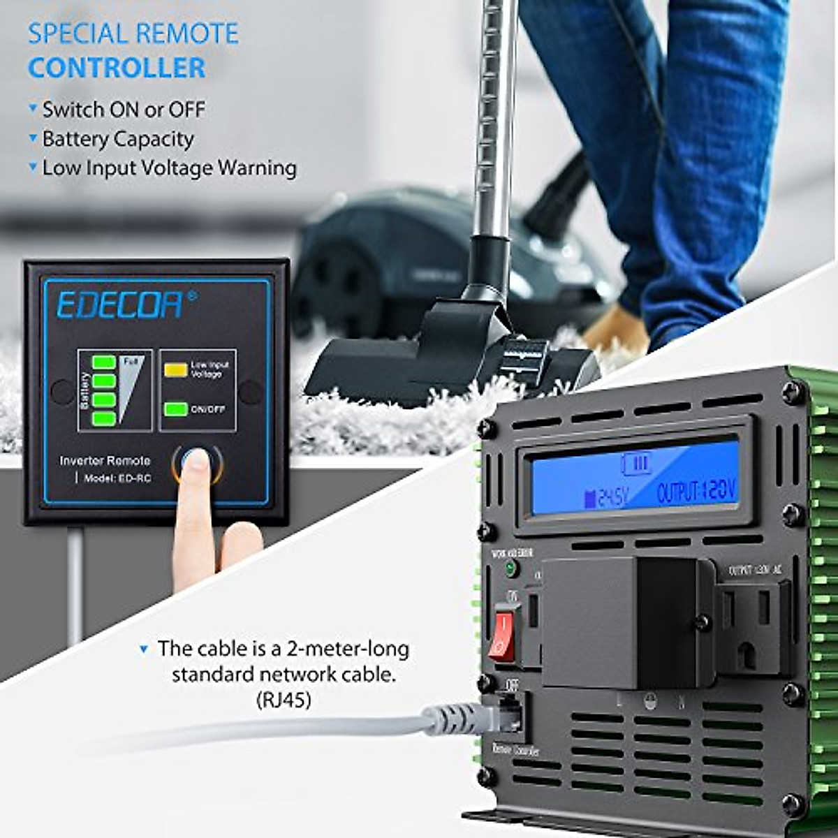 EDECOA 3000W 24V Power Inverter Modified Sine Wave DC 24V to 110V 120V AC Converter with Remote Controller and Hardwire Terminal LCD Display
