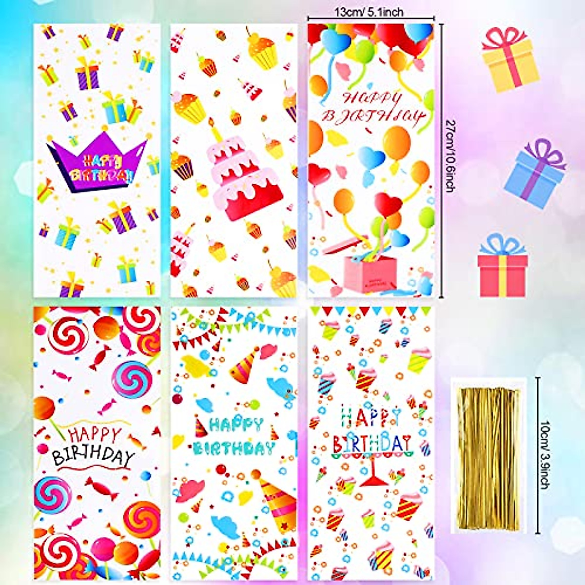 Konsait 120pcs Birthday Cellophane Bags, Bday Clear Candy Cookie Treat Bags with Twist Ties for Bakery Biscuit Chocolate Snacks, Holiday Goody Bags, Birthday Baby Shower Gifts Party Favors Supplies