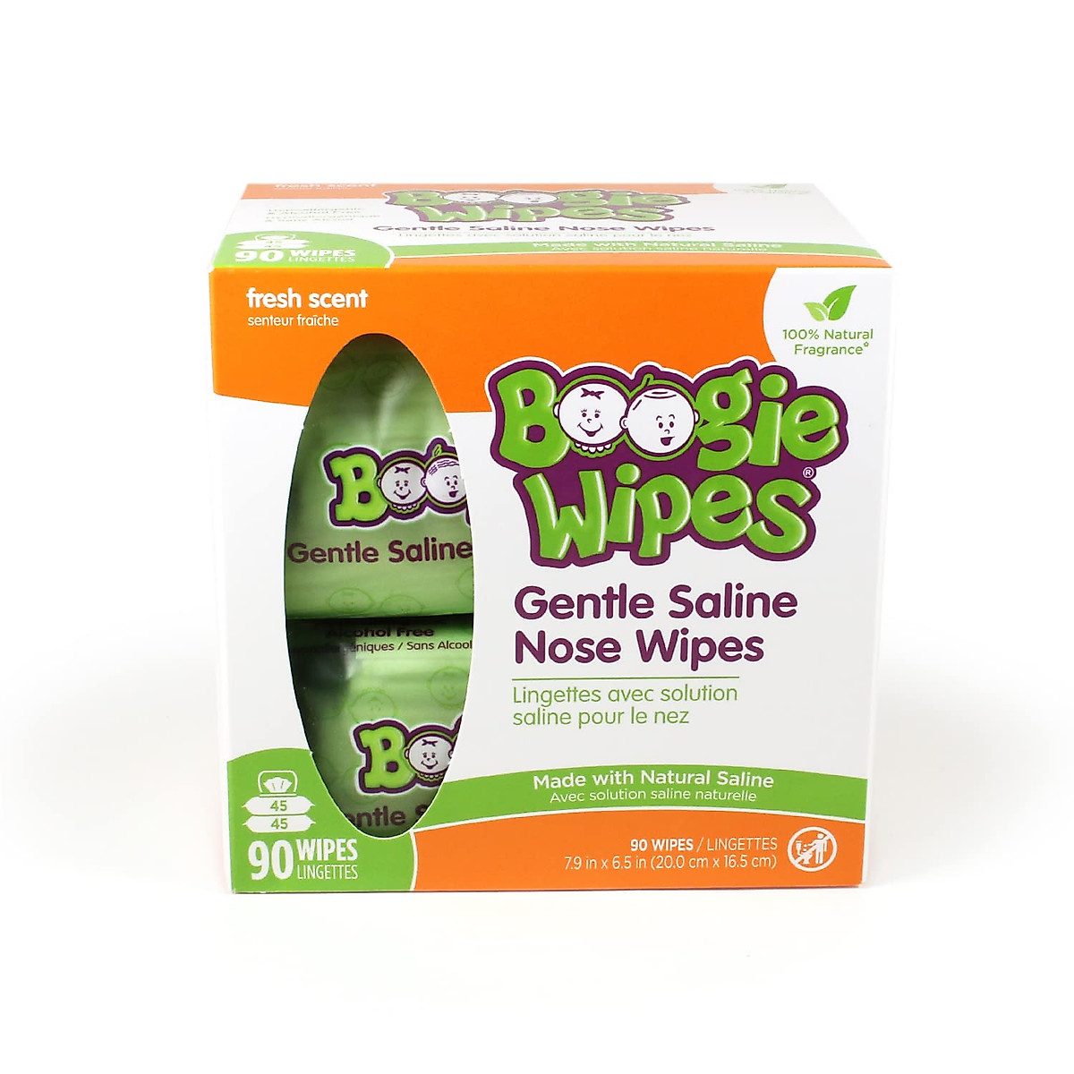 Saline Nose Wipes by Boogie, for Baby & Kids, Face, Hand & Body, FSA/HSA Eligible, Made with Vitamin E, Aloe, and Natural Saline, Fresh Scent, 45 Count (Pack of 2)