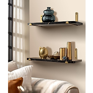 Godimerhea Floating Shelves for Wall Set of 2 Gold Black Floating Shelves Wall Mount Wood Storage Organzier Wall Shelf with Gold Brackets for Living Room Bedroom Bathroom Kitchen