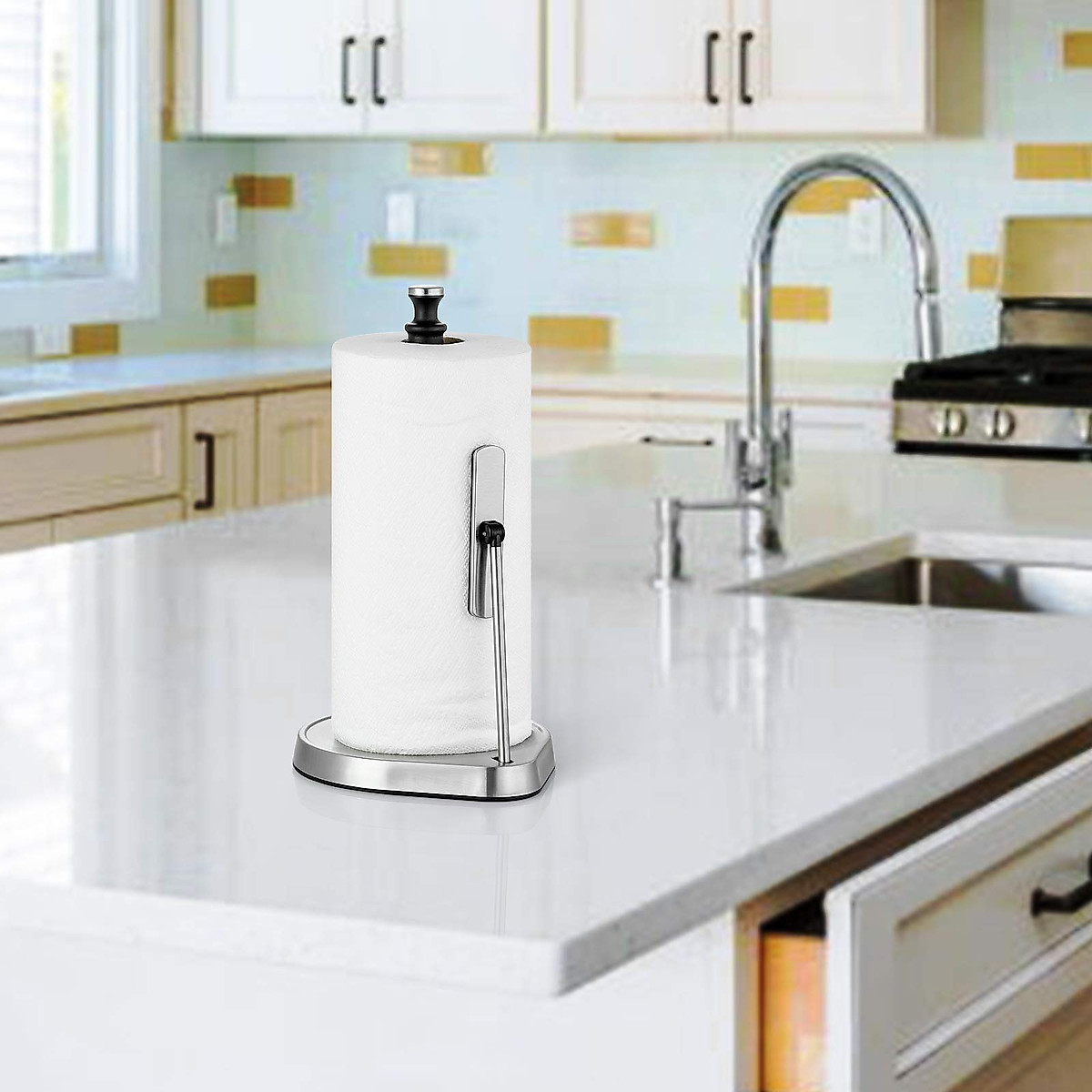 Standing Tear Paper Towel Holder,304 Stainless Steel Tension Arm Paper Towel Holder Countertop Single Paper Towel Holder Easy to Tear Paper Towel Holder for Kitchen & Dining Room Table