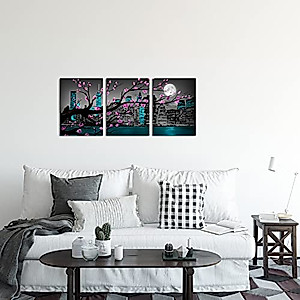 SiMiWOW Black and Pink Wall Decor Teal Blue New York City Wall Art Full Moon Night Pink Magnolia Flower Painting Framed Canvas Prints Bedroom Living Room Decor (12"x16"x3 Panels)