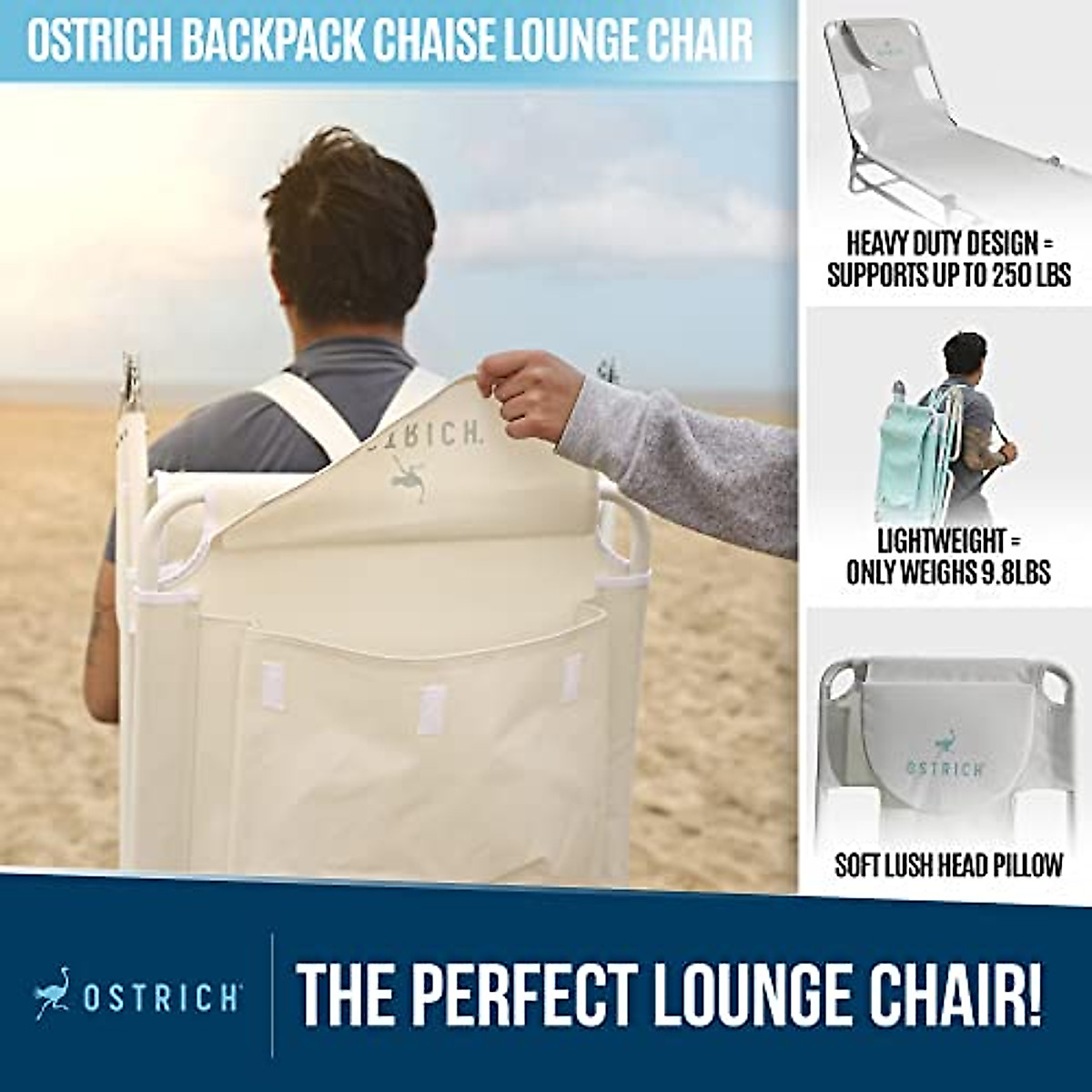 Ostrich Outdoor Folding Adjustable Recliner Chaise Lounge Chair for Beaches, Lakes, and Backyard Pools with Backpack Carrying Straps & Storage Bag