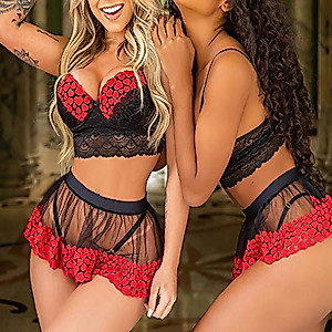 wodceeke Sexy Breast wrap Lace Split Plus Size Lingerie For Women Perspective Embroidered Print Bodysuit mesh Pajamas (Red, L)