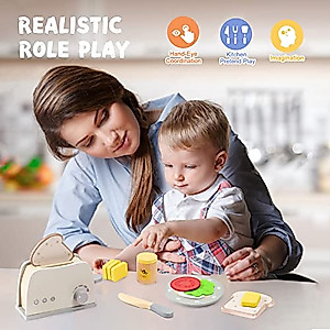Frogprin Pop up Toaster Play Kitchen Playset, Wooden Toy Food 13 Pcs Play Kitchen Accessories, Pretend Play Food Sets for Kids Kitchen, Interactive Early Learning Toaster for Girls & Boys
