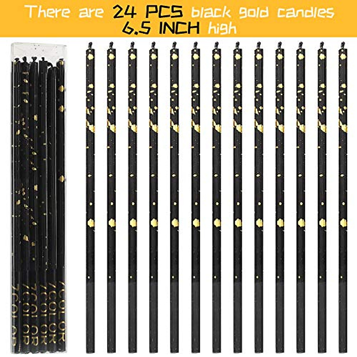Threlaco 24 Pieces Birthday Candles Long Thin Cake Candle Cupcake Candles for Birthday Wedding Anniversary Graduation Retirement Party Decoration (Black Gold)