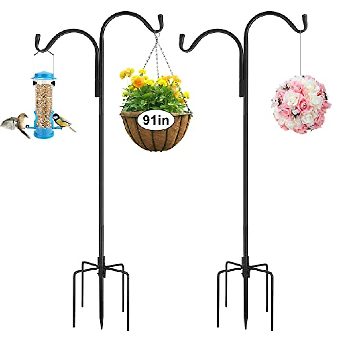 MIXXIDEA Double Shepherds Hook 91 Inch, Bird Feeder Pole with 5 Prong Base, 3/5 Thick Adjustable Hook for Hanging Bird Feeders, Plant Basket, Solar Lights Lantern, Weddings Decor (Black 2 Pack)