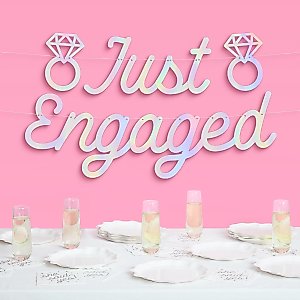 xo, Fetti Just Engaged Iridescent Foil Banner - 5 Ft. | Engagement Party Decoration, Diamond Ring Proposal Decor, Bachelorette Backdrop, Bride To Be Photobooth, Bridal Shower Supplies