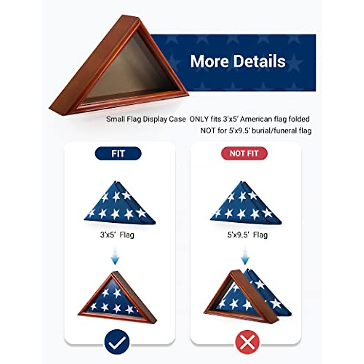 DecoWoodo Flag Box Display Case for 3'x5' Folded American Flag (Not for Burial Flag) - Wooden Military Veteran Flag Shadow Box with HD Tempered Glass, Wall Mounted Triangle Flag Frame, Brown