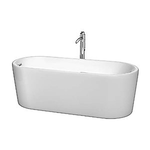 Ursula 67 inch Freestanding Bathtub in White with Floor Mounted Faucet, Drain and Overflow Trim in Polished Chrome