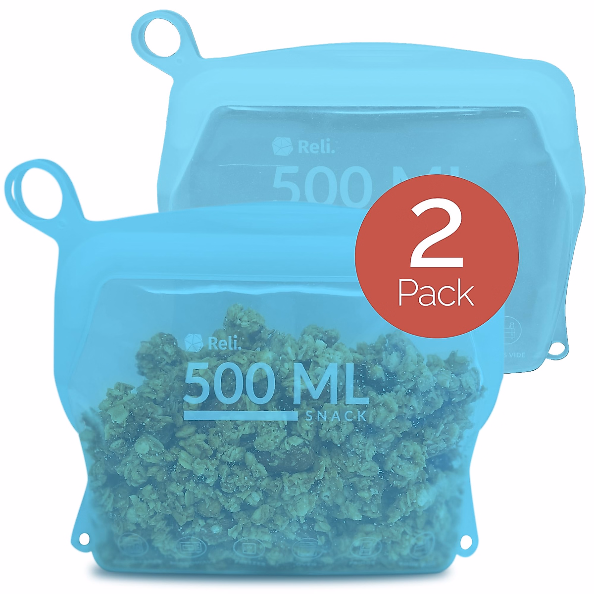 Reli. Reusable Silicone Bags (2 Pack) | Snack (500 ml) - Aqua | Silicone Bags for Food Storage | Small Reusable Food Storage for Meal Prep, Lunch Boxes | Leak-Proof, Dishwasher/Freezer Safe