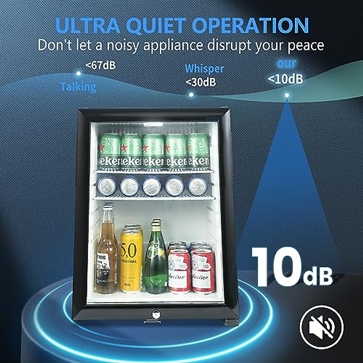 KICHKING 1.7 Cu.ft Ultra Quiet Compact Fridge No Noise Mini Absorption Fridge Beverage Refrigerator Cooler with Glass Door Under Counter Refrigerator Adjustable Shelves Lock for Home Office Bar