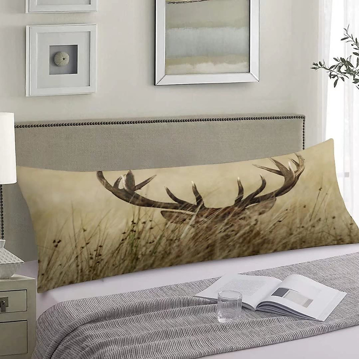 DINJUNA Antler Body Pillow Cover Whitetail Deer Fawn in Wilderness Stag in Countryside Rural Hunting Theme Long Pillow Case Protector Zipper Farmhouse Cushion Bed,Sofa 20''x54'' 6063-Y-004