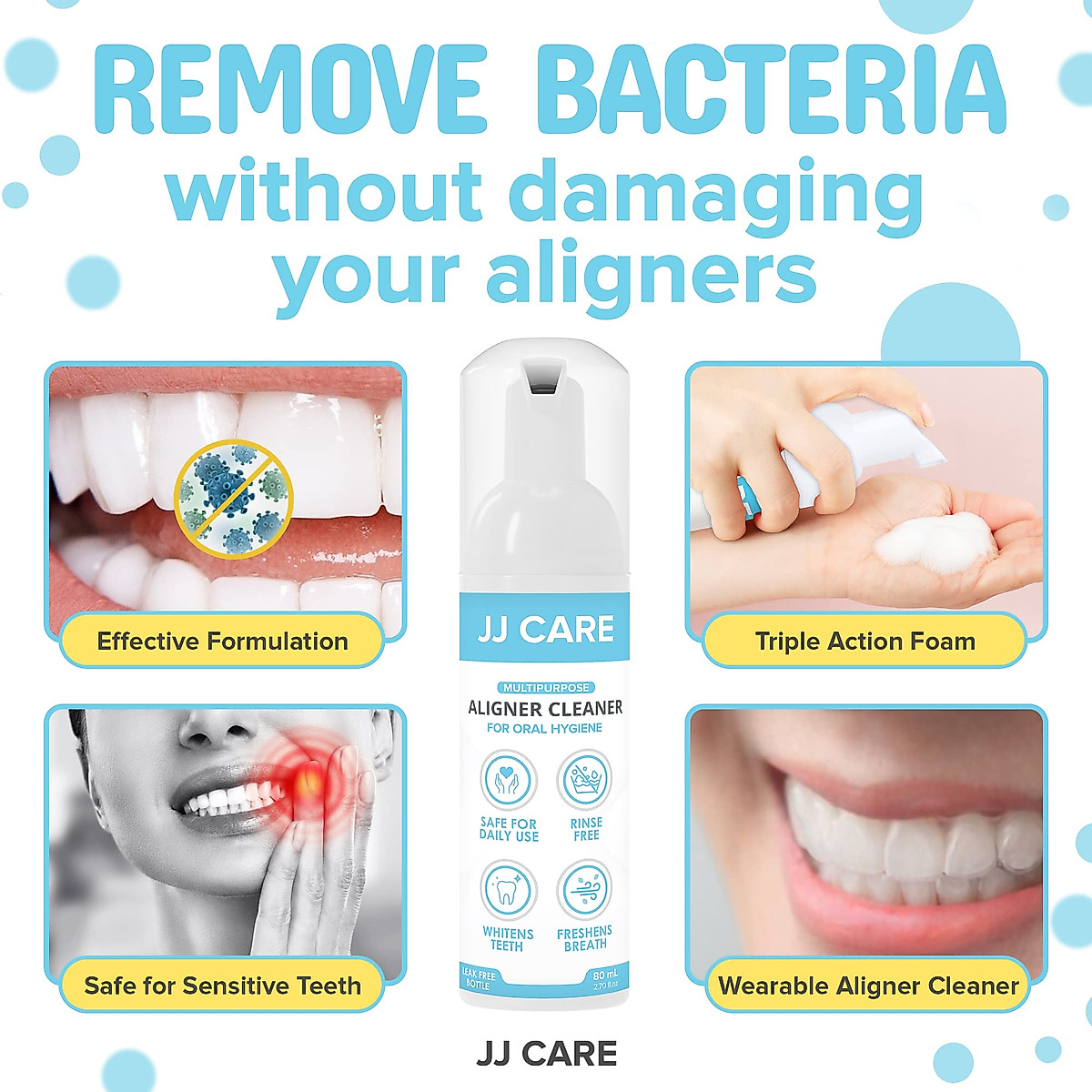 JJ CARE Aligner Cleaner - Pack of 2, 80ml Invisalign Cleaner, Lemon-Flavored Clear Retainer and Aligner Cleaner and Whitener, Kills Bacteria, Whitens Teeth & Fights Bad Breath