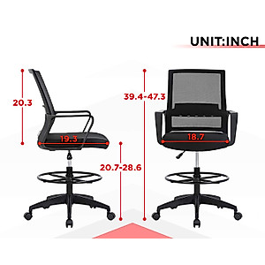 Drafting Chair Tall Office Chair Mesh Ergonomic Mid-Back Desk Chair with Adjustable Foot Ring for Executive Computer Standing Desk, Black