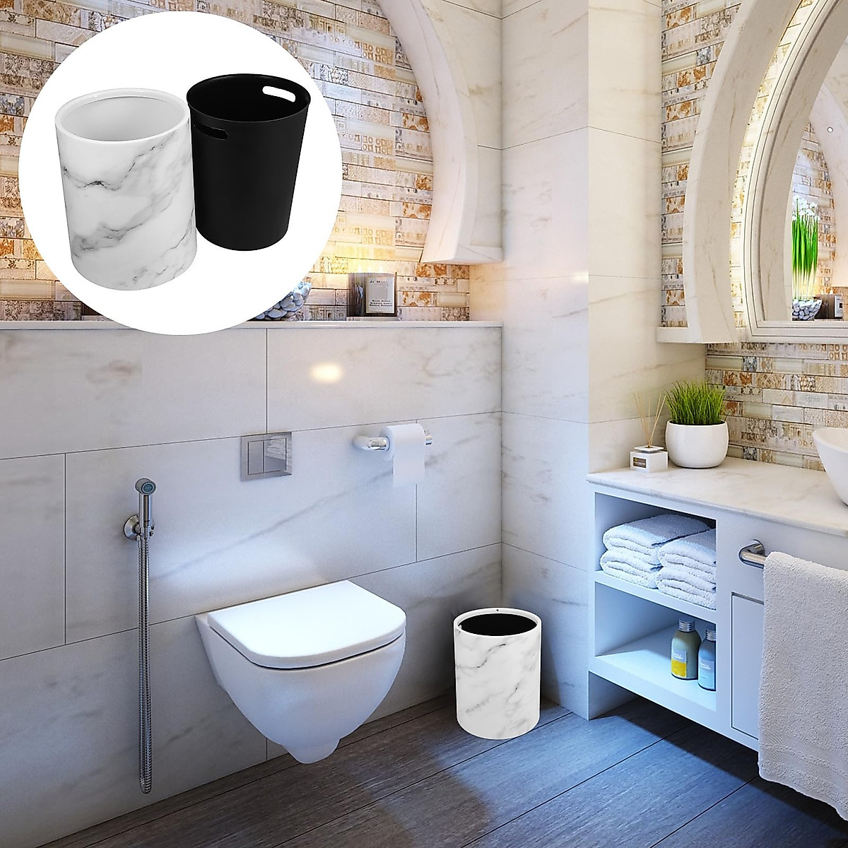 ABOOFAN Marble Design Small Trash Can, Plastic Round Trash Can Bathroom Wastebasket Garbage Can Office Recycle Bin for Bathroom Bedroom Home Office White