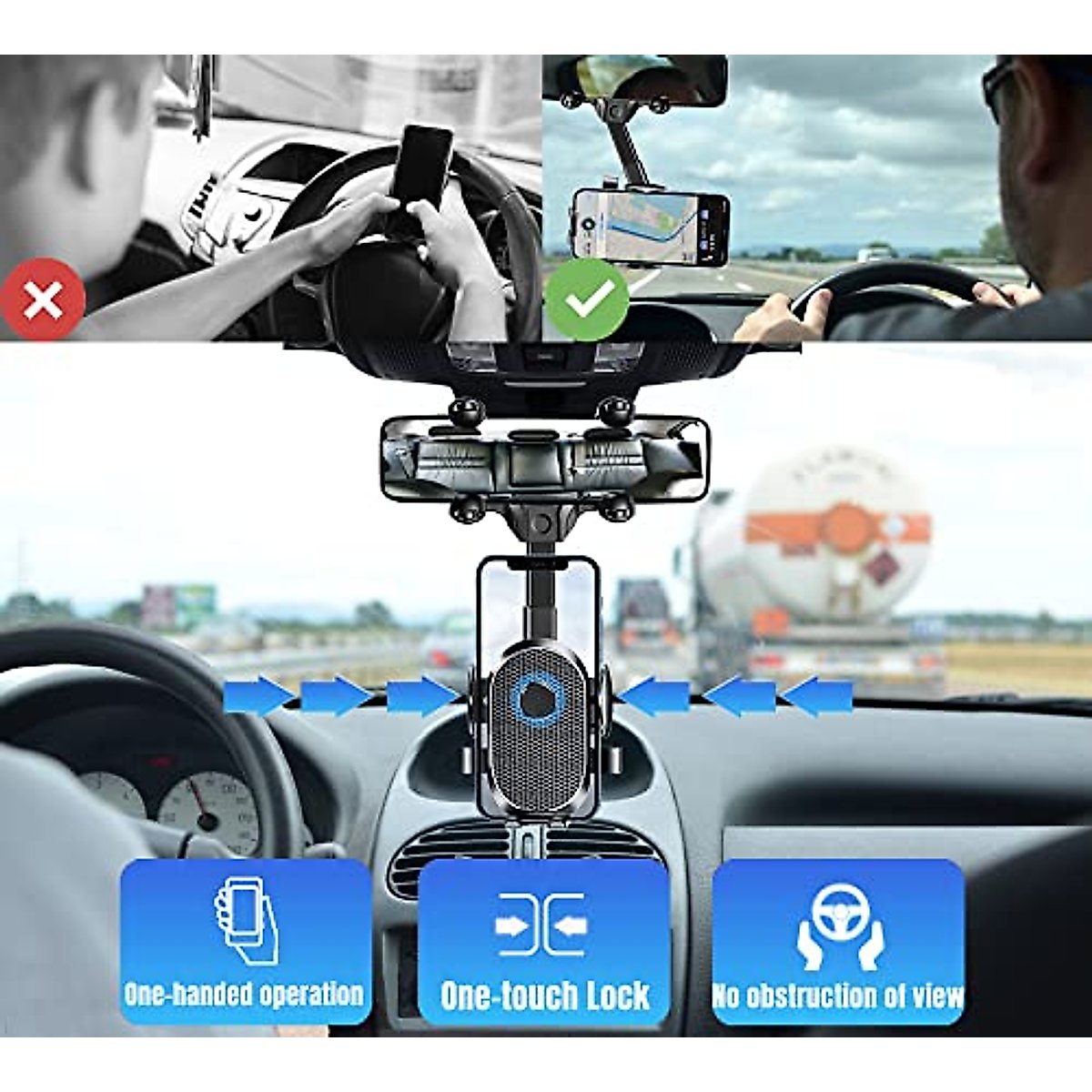 DUCTIAIARY 【2 Generation Upgrade】 Phone Mount for Car丨Adjustable Rearview Cell Mount丨360°Rotatable and Retractable Car Phone Holder, Universal Mirror Phone Holder for All Mobile Phones - More Stable
