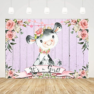 ABLIN 8x6ft Holy Cow Baby Shower Backdrop for Girl It's a Girl Baby Shower Decorations Pink Flowers Rustic Wood Photography Background Girl Baby Shower Party Supplies Props