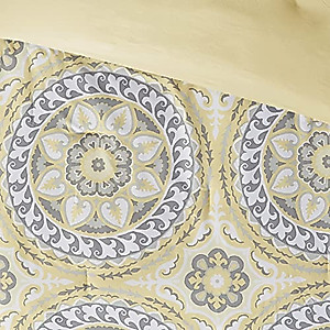 Madison Park Essentials Serenity Bed in a Bag Comforter Set, Medallion Damask Design, All Season Bedding with Cotton Sheet Set, Bedskirt, Queen(90"x90"), Yellow 9 Piece