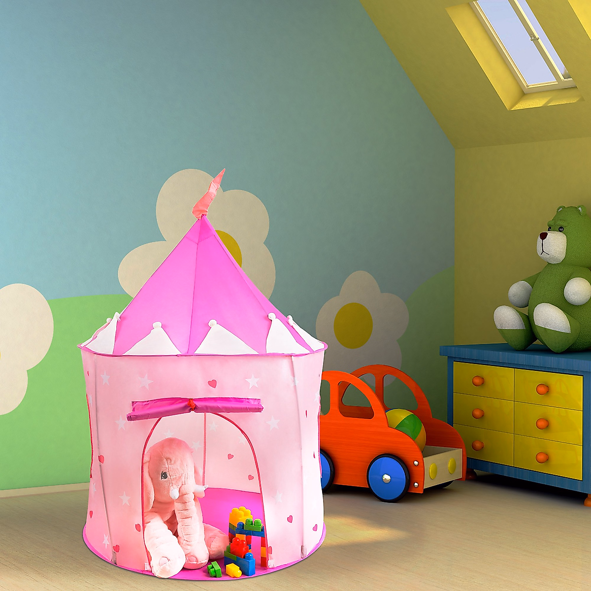 Hey! Play! Kids Play Tent, Princess Castle- Pop Up Girls Playhouse Hut for Indoor/Outdoor, Pink Playroom Toy- Foldable with Carrying Bag, 80-JGG02