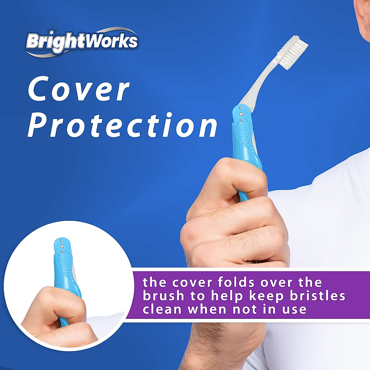 BrightWorks Folding Travel Toothbrush (6 Total, 3 Sets of 2) with Built-in Cover. Portable with Soft Bristles and Tongue Cleaner. for Camping, Hiking, Travel, Work, Gym, Purse, Backpack.