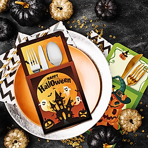 Whaline 18Pcs Halloween Cutlery Holder Set 6 Designs Witch Ghost Pumpkin Gnome Patterned Silverware Holder Paper Pocket Creepy Cartoon Tableware Utensil Holder for Dinner Party Supplies