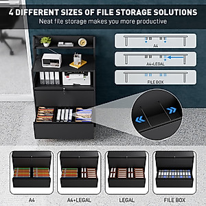 OUYESSIR 2 Drawer File Cabinet with Lock, Filing Cabinets with Storage Shelves for Home Office, Lateral File Cabinet in Steel Metal, Office Storage Drawers for Legal, Letter, A4 File (Black)