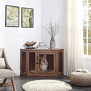 unipaws Furniture Corner Dog Crate with Cushion, Dog Kennel with Wood and Mesh, Dog House, Pet Crate Indoor Use, Walnut, Medium