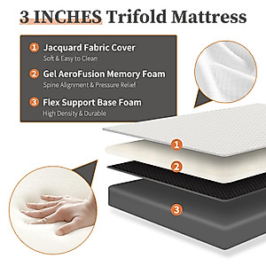 Elevon Folding Mattress, 3-inch Trifold Memory Foam Mattress Topper with Washable Cover, Foldable Floor Mattress Guest Bed Twin Size for Camping, Road Trip, 75" x 38" x 3"