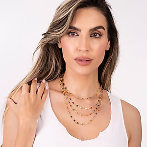 Barzel 18K Gold Plated Oval Multicolor Stone Crystal Necklace for Women - Made In Brazil