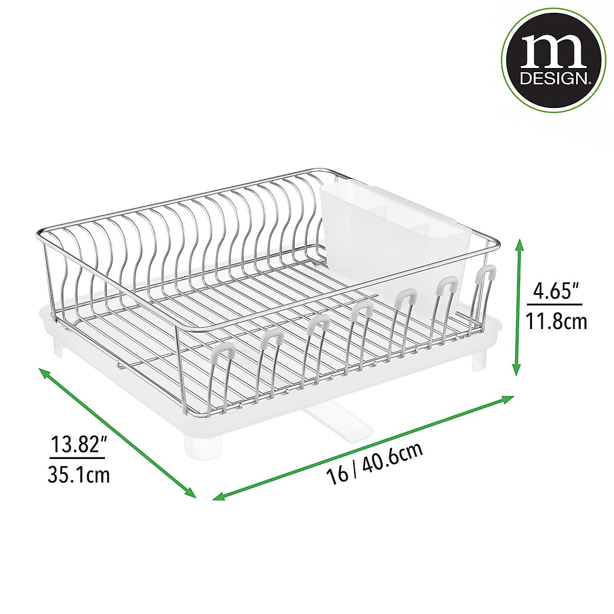 mDesign Alloy Steel Sink Dish Drying Rack Holder with Plastic Swivel Spout Drainboard Tray - Dish Rack/Dish Drainer Storage Organizer for Kitchen Counter - Concerto Collection, Chrome/Clear