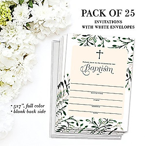 DB Party Studio Baptism Invitations ( 25 ) & Matching Thank You Cards ( 25 ) Set with Envelopes, Pretty Delicate Leaf Design 5 x 7" Fill-in Invites & Folded Thanks Notes Baby Infant Christening Pair