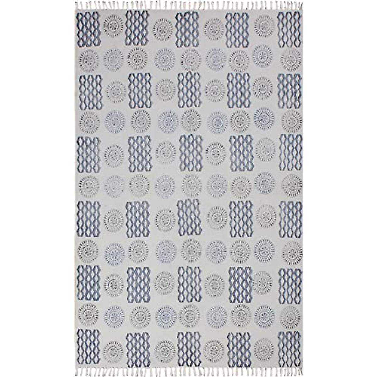 Casavani Hand Block Printed Rug Abstract Blue & Beige Tassel Rug Easy Care Washable Rugs for Doormat Entryway Living Room Bedroom Hallway Balcony 2.6x8 Feet Runner