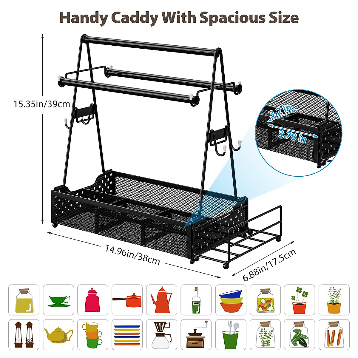 WHITE TIGER Grill Caddy for Camping, Picnic Caddy for Plates and Utensils, BBQ Caddy with Paper Towel Holder for Outdoor, Camper Must Haves for Barbecue Accessories Storage Organizer (Black)
