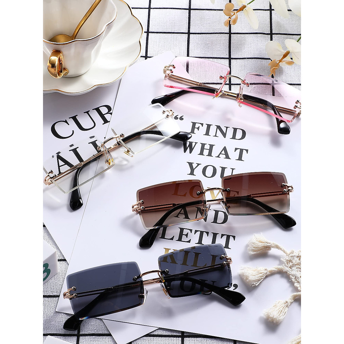 Frienda 4 Pairs Rimless Rectangle Sunglasses Frameless Square Glasses Vintage Transparent Eyewear for Women Men (Fresh Colors,Metal Frame)