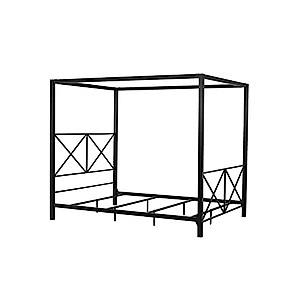 DHP Rosedale Metal Canopy Bed Frame with Four Poster Design and Geometric Accented Headboard and Footboard, Underbed Storage Space, Queen, Black