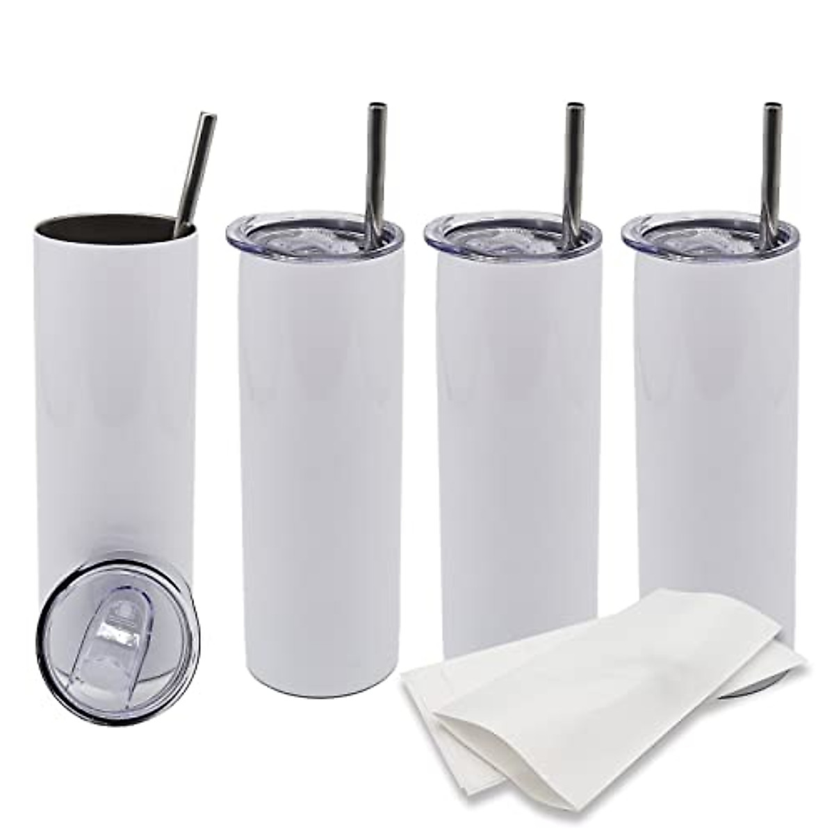 AQUAPHILE Sublimation Tumblers Blanks Skinny Tumbler 4 Pack White 20 OZ Straight Stainless Steel Double Wall Insulated Cups with Metal Straw Vacuum Tumbler Travel Mug for Hot Cold Drinks DIY Gifts
