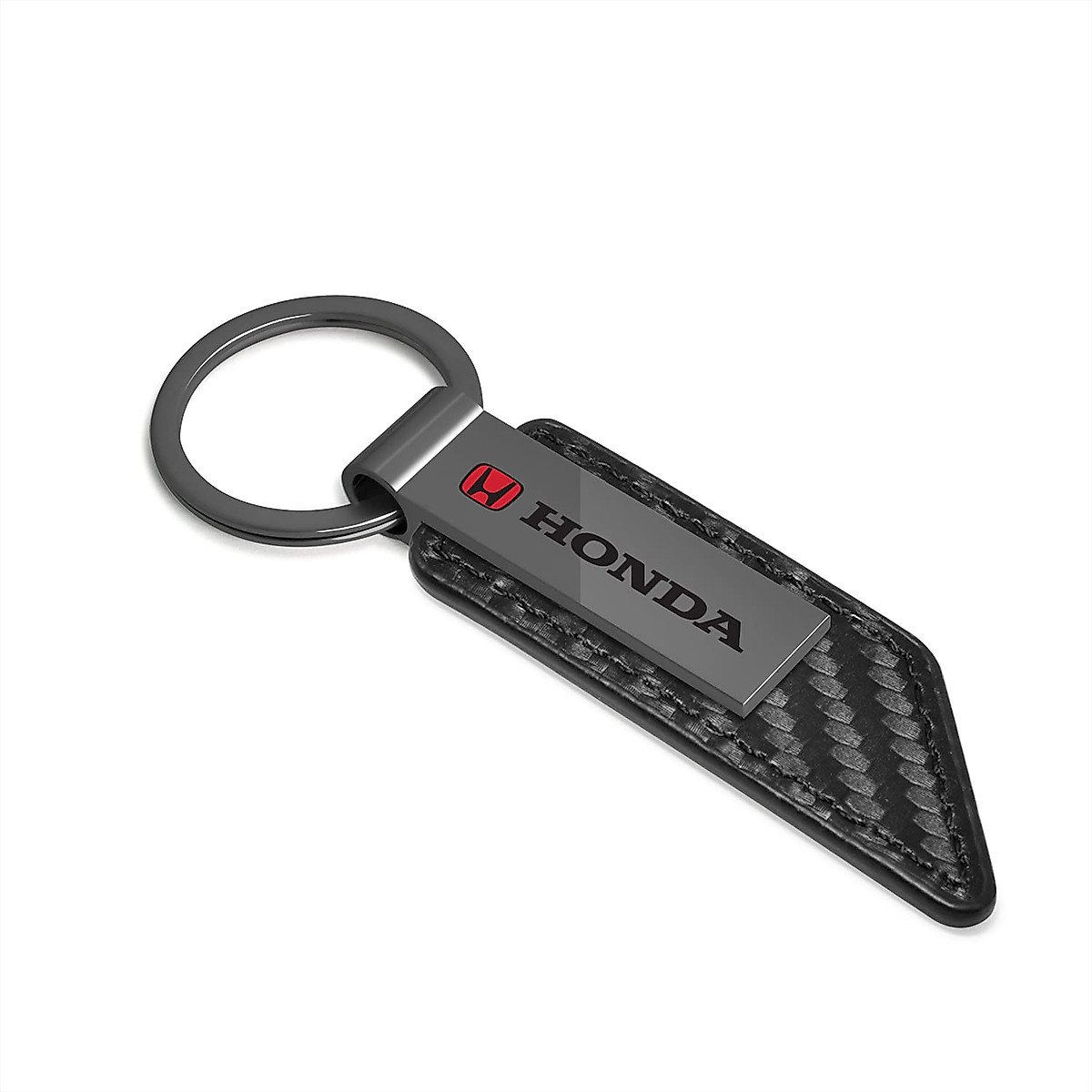 iPick Image Compatible with Honda Red Logo Gunmetal Black Gray Metal Plate Carbon Fiber Texture Leather Key Chain