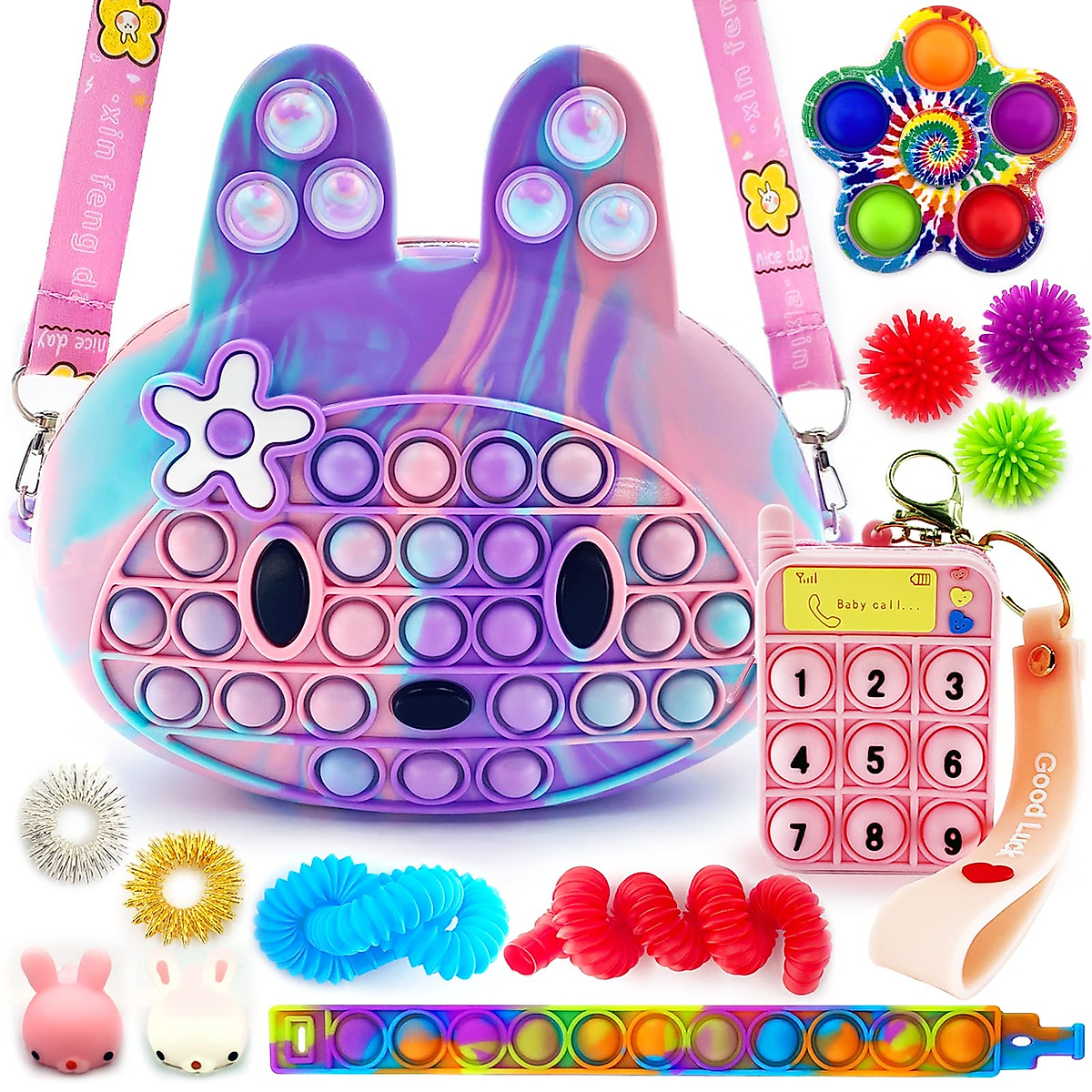 Exun Pop Crossbody Purse Bags Fidget Toy Pack, Premade Easter Basket Stuffers Already Filled, Bunny Shoulder Bag Mini Sensory Toys, 3 4 5 6 7 8 9 10 Year Old Birthday Easter Party Gift for Girls Kids