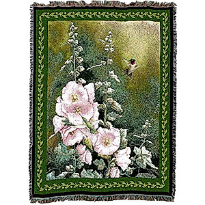 Pure Country Weavers Hollyhock Hummer Blanket by Catherine McClung - Hummingbird Bird Garden Floral Gift Tapestry Throw Woven from Cotton - Made in The USA (72x54)